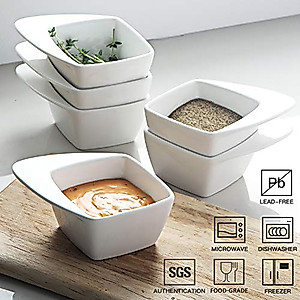 SWEEJAR Porcelain Soy Sauce Dish, 3 Ounce Dipping Bowls with Handles for Ketchup, Appetizers, Condiment, Snack, Honey Mustard - Set of 6 (White, Square)