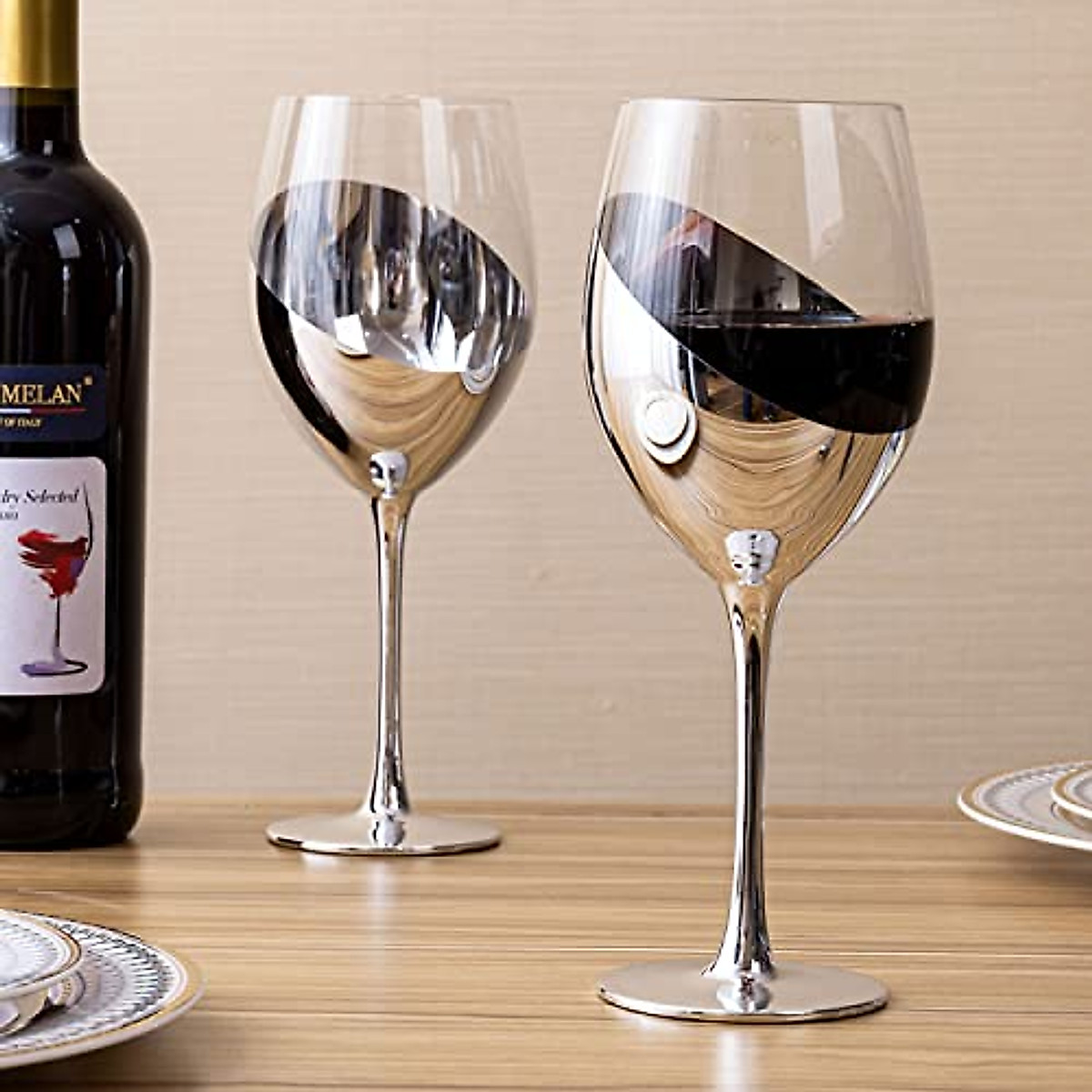 MyGift Modern Stemmed Wine Glasses, 14 oz Stemware with Silver Angled Metallic Accent Design for Red or White Wine, Set of 6 - Party, Wedding, Events Glassware