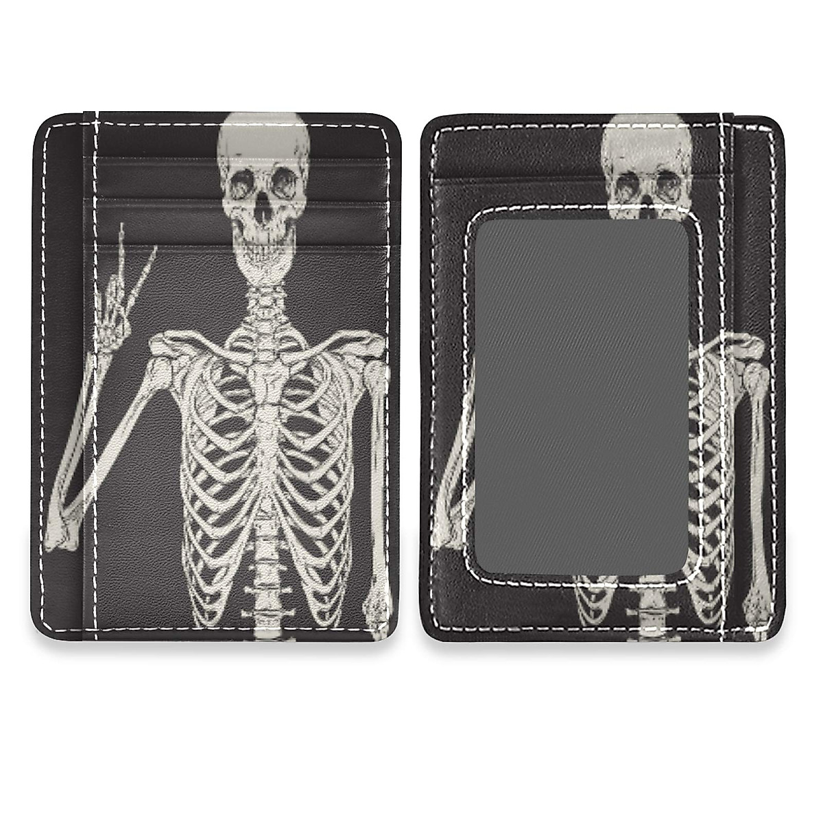 Linomo Thin leather Card Holder and Money Clip Funny Skeleton Wallet RFID Blocking for Men & Women