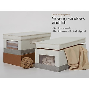 LoforHoney Home Fabric Storage Bins with Lids, Foldable Storage Baskets with Clear Window, Clothes Baskets with Durable Handles, Closet Storage Bins, Beige, 4-Pack