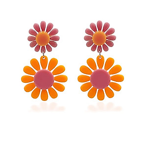 60s 70s Daisy Earrings for Women,Retro Disco Hippie Spring Earrings Bohemian Orange Pink Daisy Flower Dangle Drop Earrings,Acryli Daisy Jewelry for WomenPink