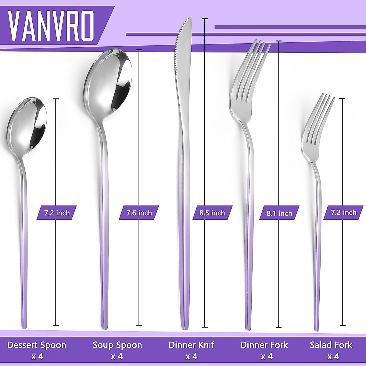 VANVRO Gradient Purple Silverware Set, 20-Piece Stainless Steel Flatware Cutlery Set, Kitchen Utensil Set Service for 4, Include Knife/Fork/Spoon, Mirror Polished, Dishwasher Safe