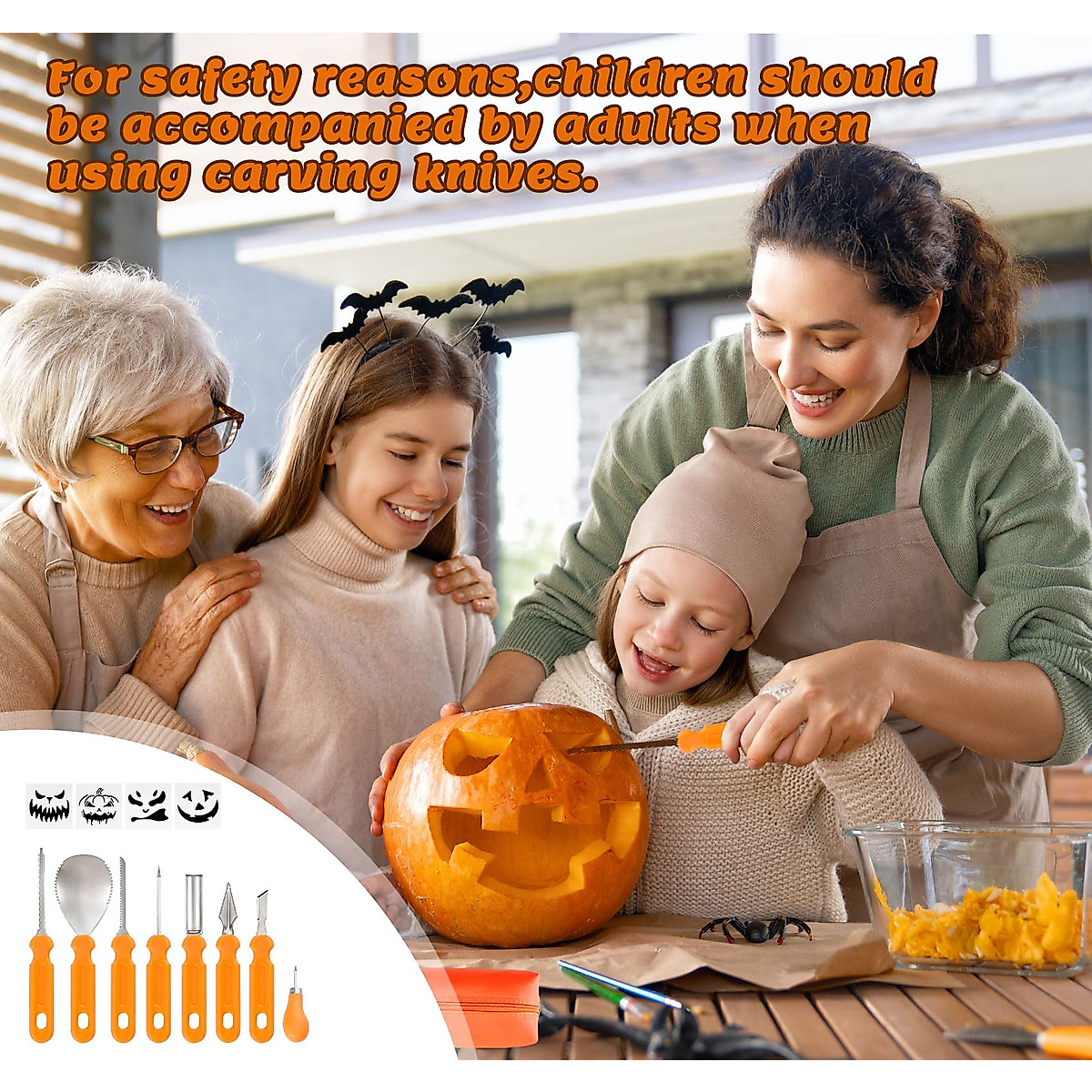 Pumpkin Carving Kit Halloween, 8 PCS Professional Heavy Duty Pumpkin Carving Tools with 4 Pumpkin Carving Stencils,Stainless Steel Pumpkin Carving Tools for Halloween Decoration with Thick Handbag