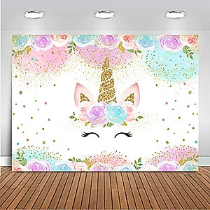 Mocsicka Rainbow Unicorn Backdrop for Girls Watercolor Floral Unicorn Party Decorations Princess Children's Birthday Party Decorations Studio Props (7x5ft)