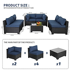 Valita 7 Piece Outdoor PE Wicker Furniture Set, Patio Black Rattan Sectional Sofa Couch with Washable Navy Blue Cushions…