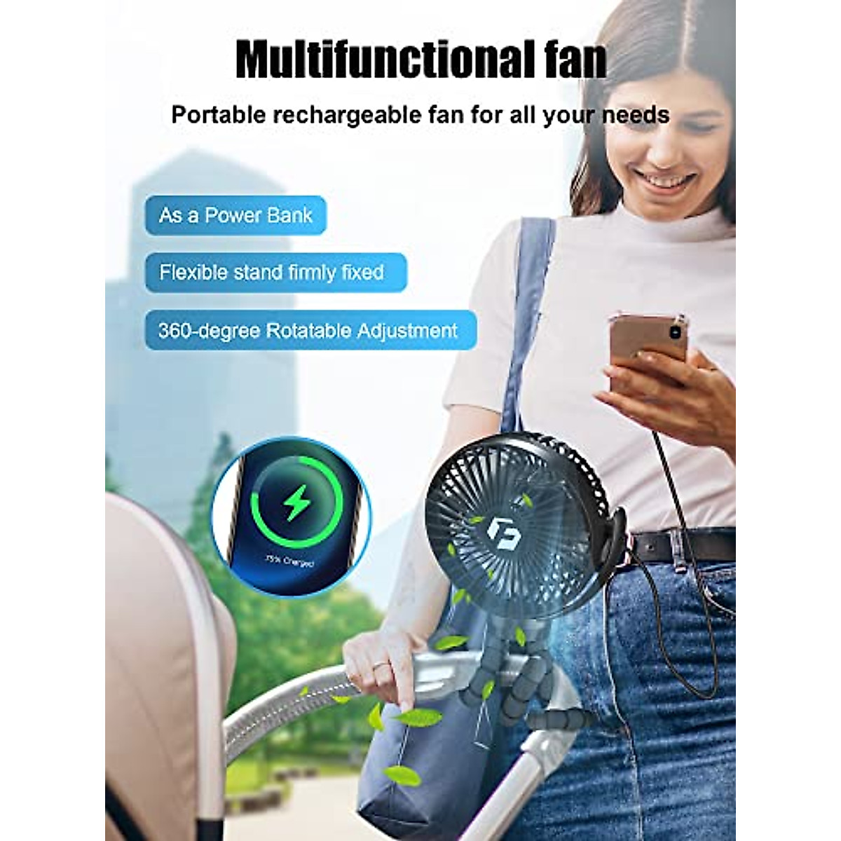 Stroller Fan, 12000mAh Rechargeable Fan Portable, Battery Operated Fan, Baby Car Seat Fan with Timming, Low Noise, Flexible Tripod, Personal Small Fans For Stroller, Office, Beach, Bed, Camping