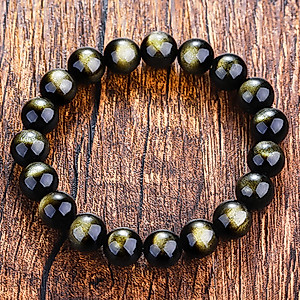 YANYUNZHUBAO Natural Black Obsidian Bracelet Healing Crystals Jewelry Volcanic Rock Stone Ward Off Evil Spirits (Gold, 10MM)