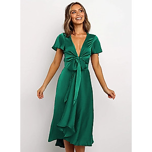 miduo Womens Dresses Satin Summer Loose Wrap Tie Front V Neck Short Sleeve High Waist Skater Swing Cocktail Party Midi Homecoming Dresses Green XXL