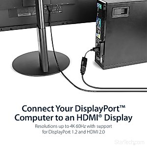 StarTech.com DisplayPort to HDMI Adapter - 4K 60Hz Active DP 1.4 to HDMI 2.0 Video Converter - DP to HDMI Monitor/TV/Display Cable Adapter Dongle - Latching DP Connector (DP2HD4K60S), Black