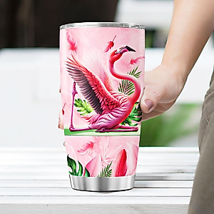 Steel Tumblers Insulated Hot Coffee Stainless Handle, Flamingo Stay Balance, Tumbler 20 Oz With Lid And Straw, Flamingo Gifts