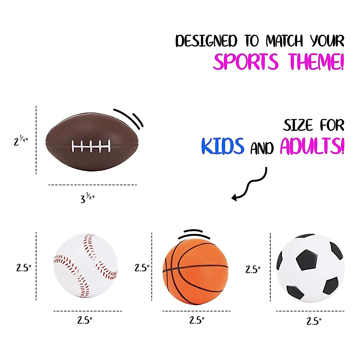 Set of 24 Sports 2.5" Stress Balls - Includes Soccer Ball, Basketball, Football, Baseball Squeeze Balls for Stress Relief, Party Favors, Ball Games and Prizes, Stocking Stuffers - Bulk 2 Dozen Balls