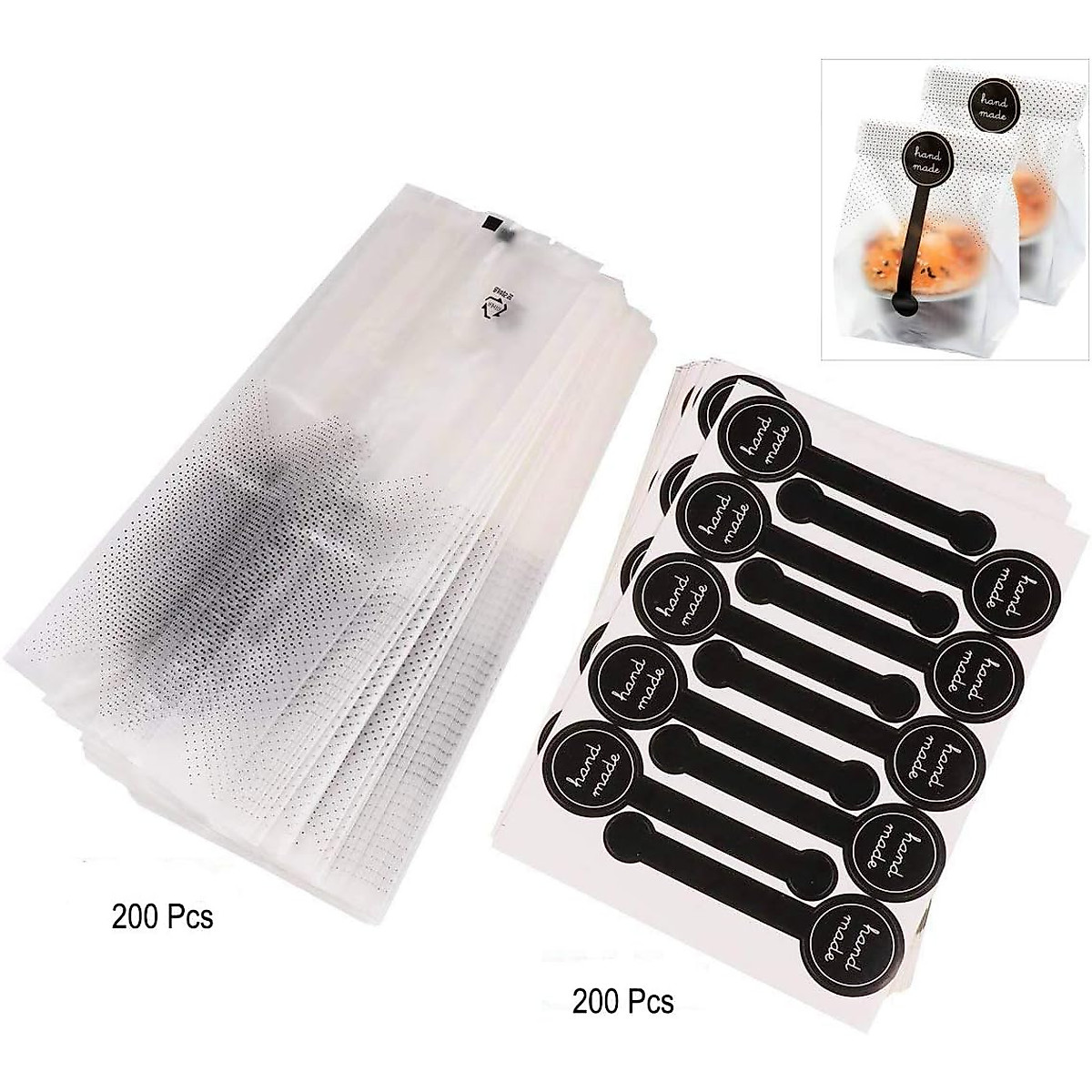 200pcs Translucent Plastic Bags, BetterJonny Cellophane Bags with 200Pcs Hand Made Stickers for Cookie, Cake, Chocolate, Candy, Bakery Party Supplies