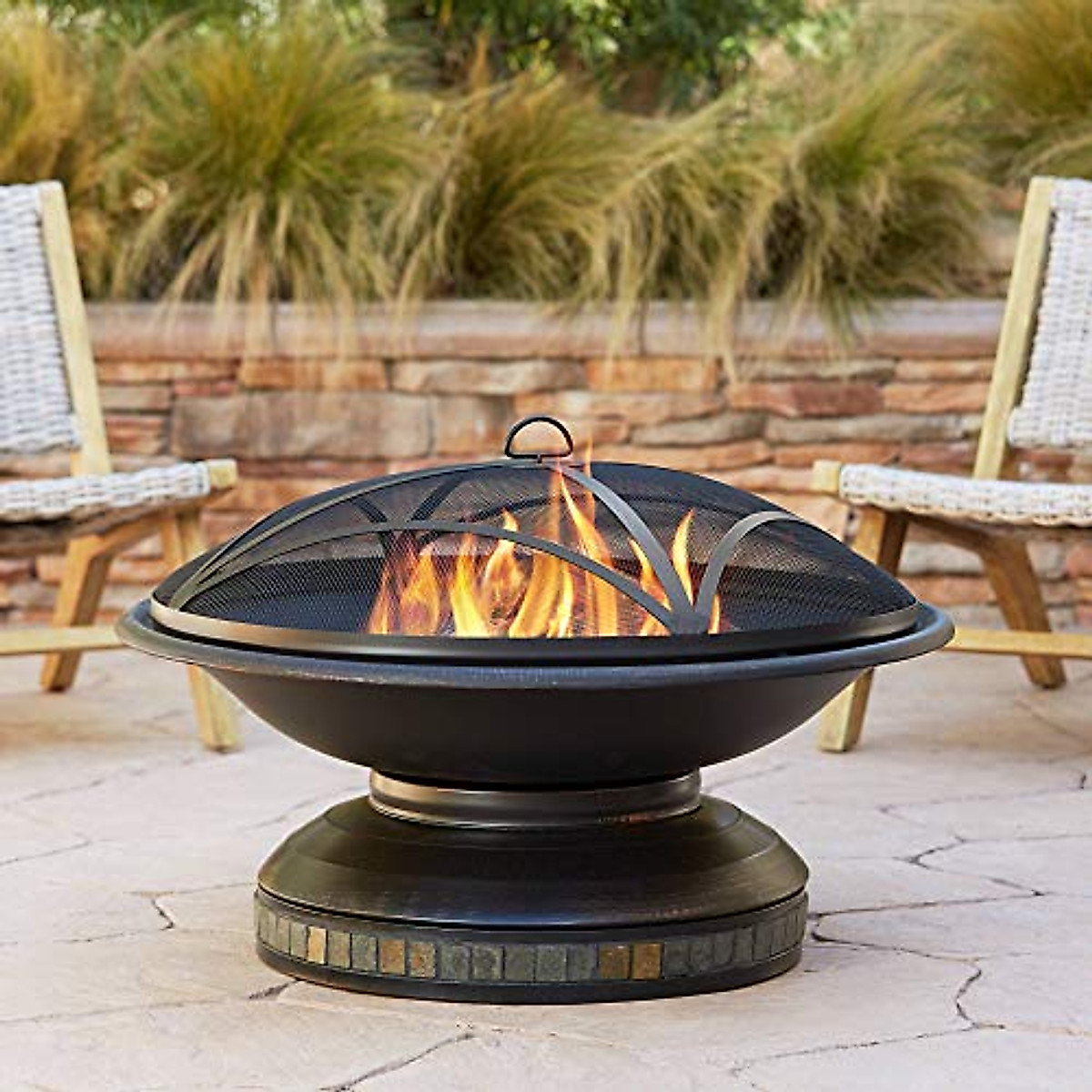 Bristol Black Iron Outdoor Fire Pit Round 35" Steel Mesh Wood Burning with Spark Screen and Fire Poker for Outside Backyard Patio Camping Deck - John Timberland