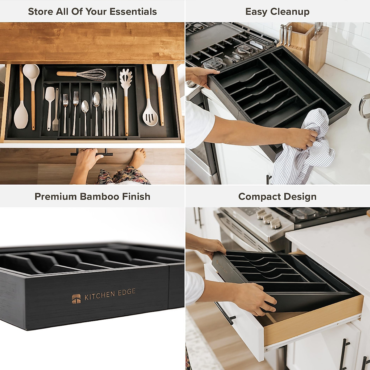 KitchenEdge Premium Silverware, Flatware and Utensil Organizer for Kitchen Drawers, Food-Safe Contract Grade, Expandable from 18 to 33 In, Black Bamboo