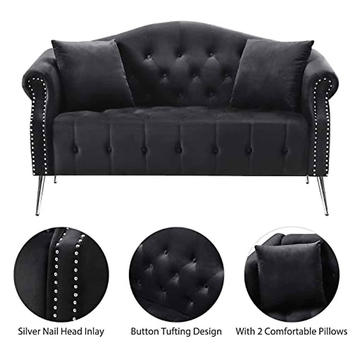CALABASH 59.4" Settee Loveseat Upholstered Chesterfield Love Seat Button Tufted Sofa Couch with Nailhead Trimming Rolled Arms with 2 Pillows for Bedroom (Black, Loveseat)