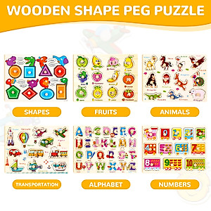 6 Pack Wooden Peg Puzzles Set for Toddlers 3 4, Preschool Educational Pegged Knob Puzzle Toy Wooden Learning Toys for Baby Boys and Girls Age 3-4