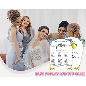 Blue Tiles and Lemons What's In Your Purse Game for 30 Guests with Game Cards, Lemons Bridal Shower Game, Modern Bridal Shower Decorations, Wedding Shower or Bachelorette Party Supplies - 02