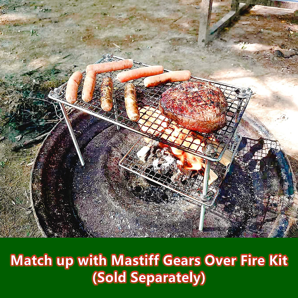 MASTIFF GEARS® Bushcraft Grill Grate, Multi-Use 3D Welded 304 (18/8) Stainless Steel High Strength Mesh Campfire Grill, FDA Compliant, for Camping, Backpacking, Hunting & Fishing (Solo)