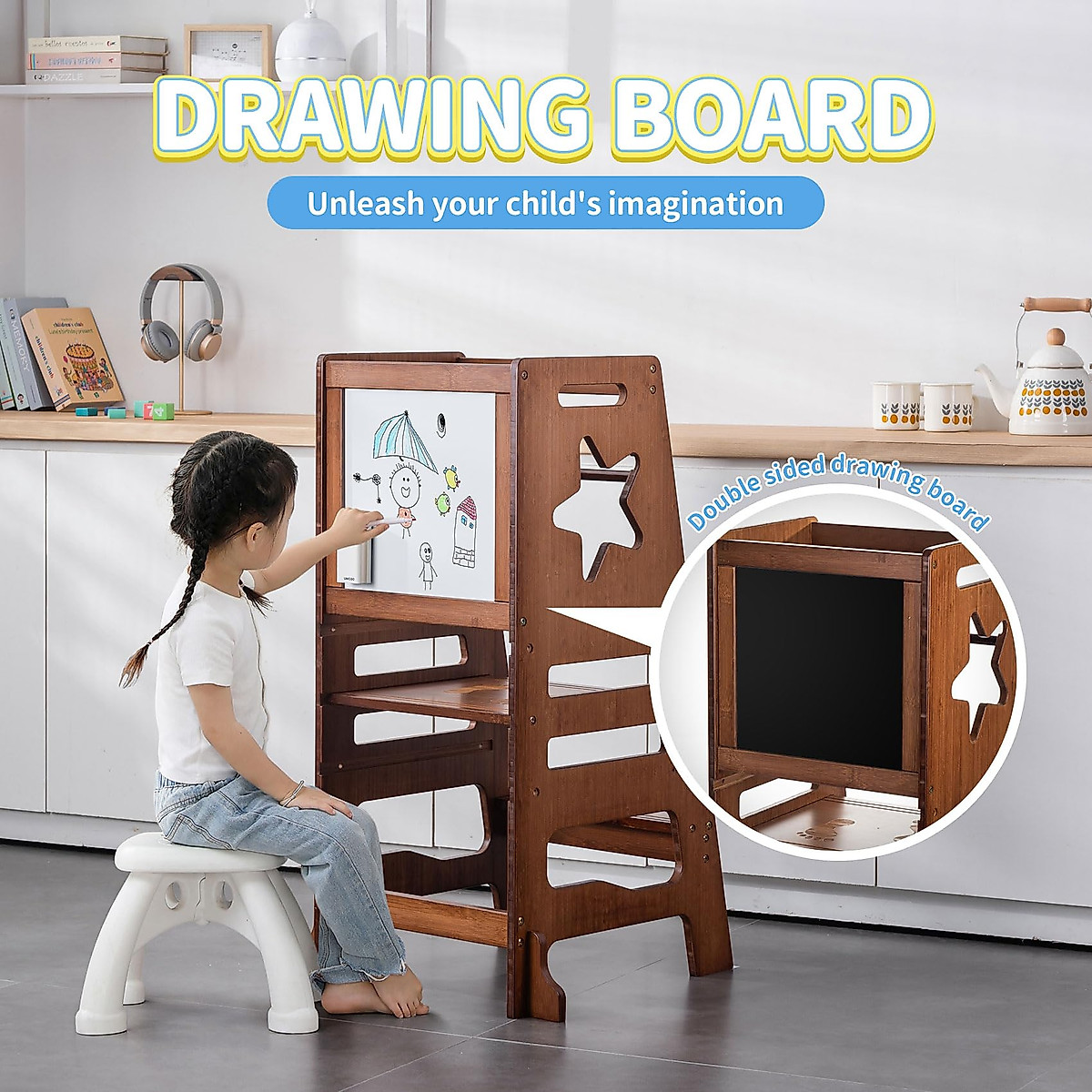 UNICOO Bamboo Height Adjustable Kids Kitchen Step Stool, Kids Learning Stool, Toddlers Stool, Toddler Standing Tower, Safe Step Stool for 1-5 Years Old Kids - Perfect Kitchen Helpe(S033-Antique Brown)