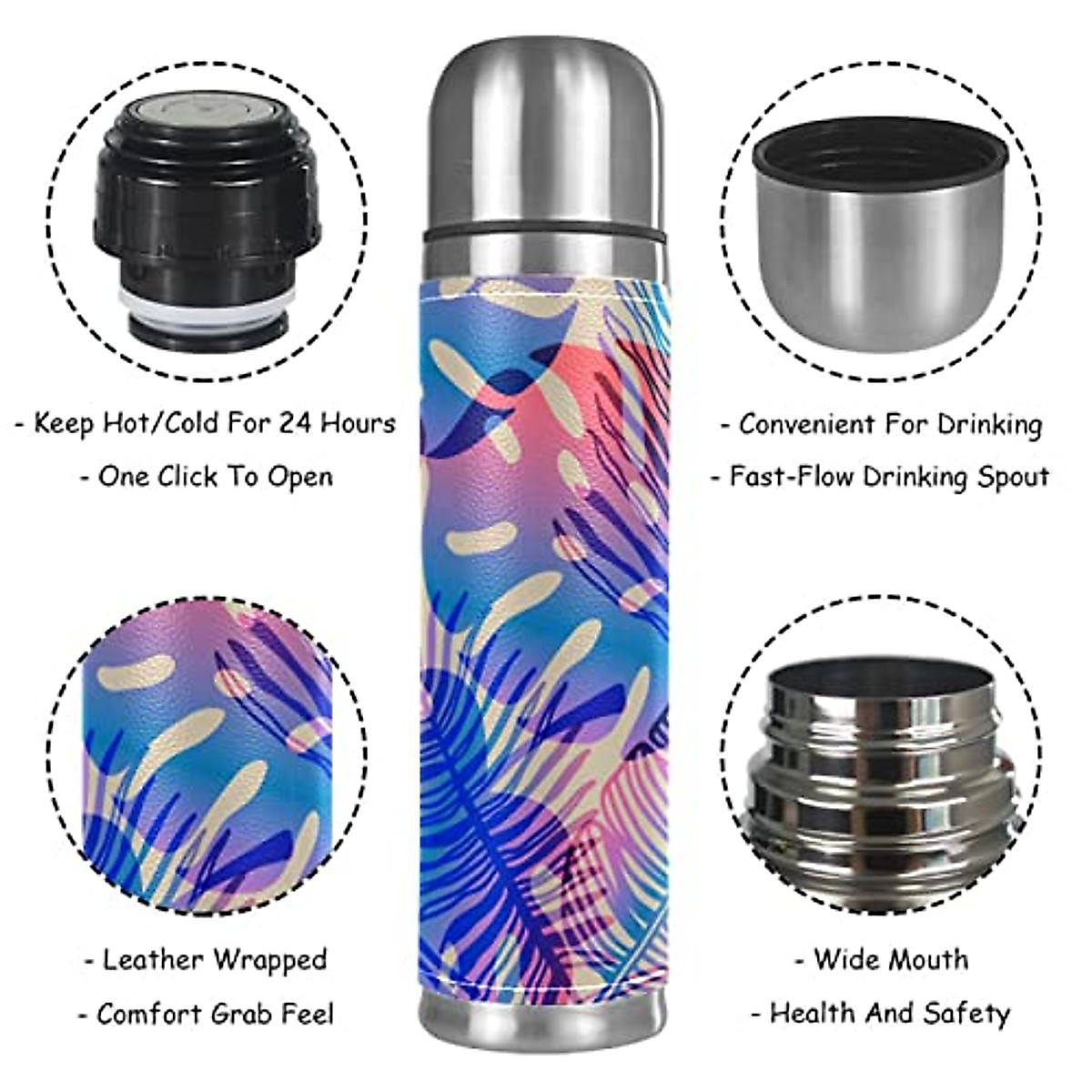 Monstera and Banana Leaf Stainless Steel Water Bottle, Leak-Proof Travel Thermos Mug, Double Walled Vacuum Insulated Flask 17 OZ