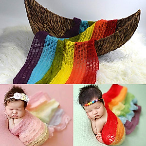 OhhGo Newborn Photography Props, Baby Rainbow Striped Wrap Photo Props Newborn Wraps Photography Stretch for Baby Boys and Girls Shower Gift(40x150CM/15.7x59IN)
