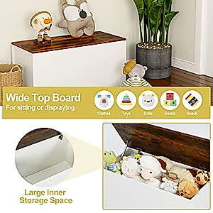 Costzon Kids Toy Box Storage Chest, Wooden Children Storage Bench Ottoman Trunk w/Flip-top Lid, 35.5” Wide Toddler Cabinet Organizer w/Pneumatic Rod for Kids Play Room Nursery (Rustic Brown + White)