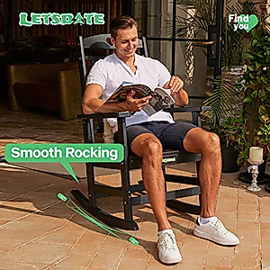 letsdate Love High Back Plastic Rocking Chairs Outdoor & Indoor | Oversized HDPE Rocker Chairs | Easy to Assemble | Max Weight 500lbs | for Lawn, Porch, Patio, Backyard, Fire Pit, Garden (Black)