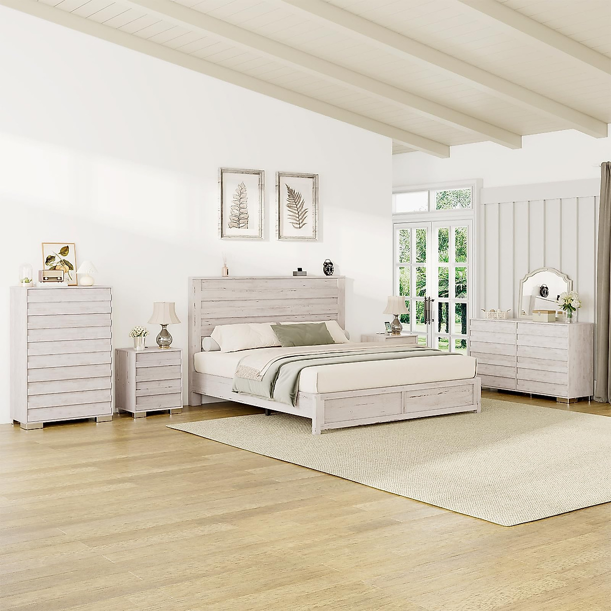 Albott Farmhouse 5 Drawers Dresser, Wood Rustic Chest of Drawers for Bedroom, Tall Dressers Organizer with Hidden Handles for Living Room, Hallway, Entryway, Distressed White