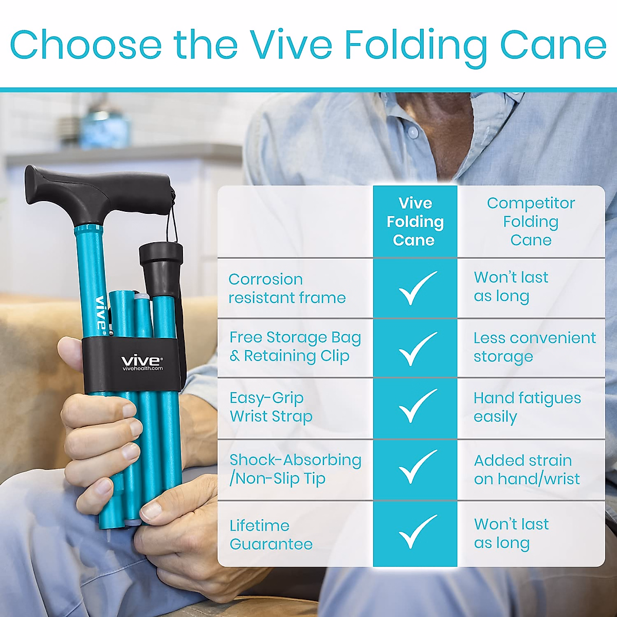 Vive Folding Cane - Foldable Walking Cane for Men, Women - Fold-up, Collapsible, Lightweight, Adjustable, Portable Hand Walking Stick - Balancing Mobility Aid - Sleek, Comfortable T Handles (Teal)