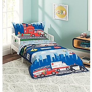 EVERYDAY KIDS 4 Piece Toddler Bedding Set -Fire and Police Rescue- Includes Comforter, Flat Sheet, Fitted Sheet and Reversible Pillowcase