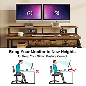 Rolanstar Computer Desk with Monitor Shelf and Drawer, 47" Home Office Writing Desk, Study Table Workstation, Stable Metal Frame, Rustic Brown