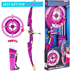 Liberty Imports Kids Bow and Arrow Set - LED Light Up Archery Toy Set with 6 Suction Cup Arrows, Target, Quiver - Indoor and Outdoor Target Practice for Girls (Pink)
