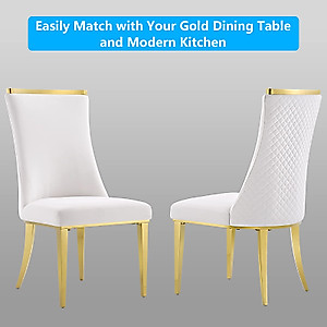 AZhome White and Gold Dining Chairs Set of 4, White Velvet Dining Room Chairs with Reticulate Texture Back and Metal Trim Top, Upholstered Chairs with Gold Stainless Steel Legs
