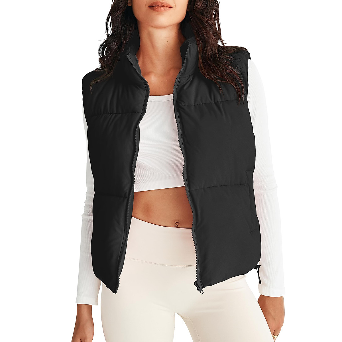 MEROKEETY Women's Quilted Puffer Vest Lightweight Stand-up Collar Soild Color Warm Outewear, Black, Large