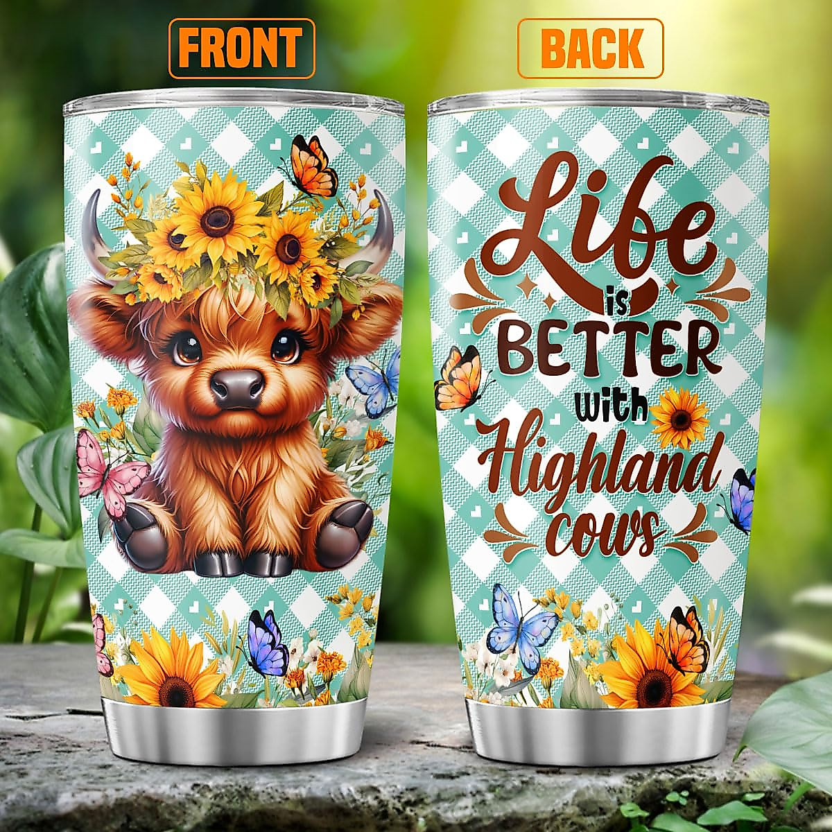JENOIS Simply Flower Water Modern Handle Checkered Simple Sunflower Floral Cups, Highland Cow Gifts, Tumbler 20 Oz With Lid And Straw, Life Is Better Highland Cow