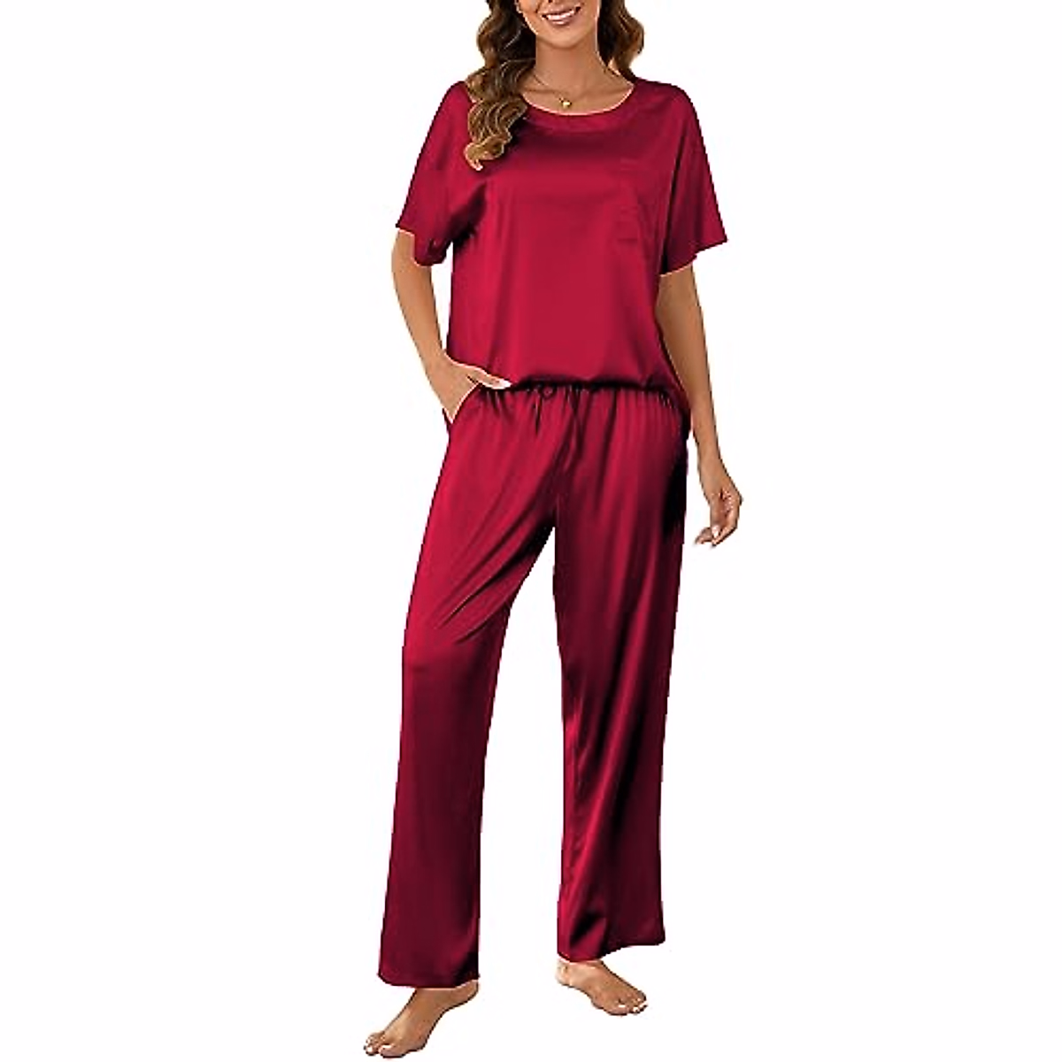 MOYEE Women's Silk Pajama Sets Satin 2 Piece Loungewear Silky Top and Pants with Pockets Wine Red