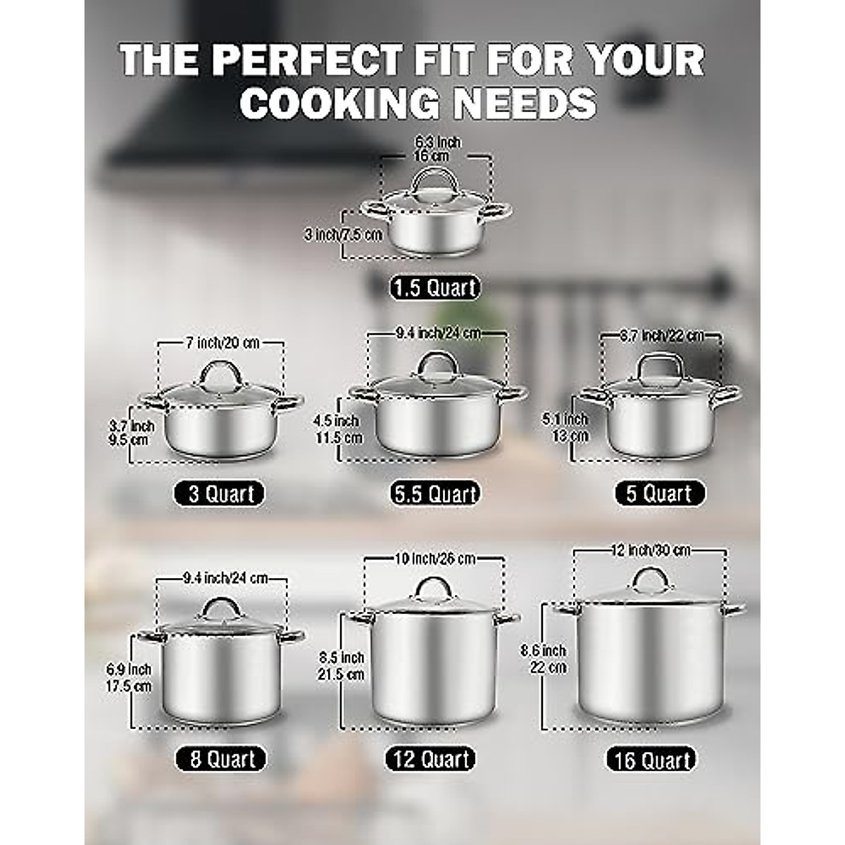 Cook N Home Sauce Pot Stainless Steel Stockpot with Glass Lid, Basic Saucier Casserole Pan Set, 6-Piece