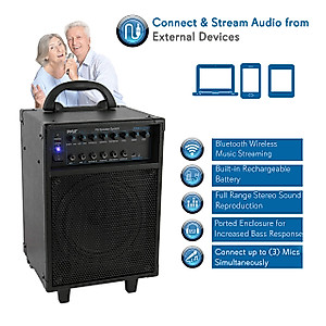 Pyle Wireless Portable PA System-400W Bluetooth Compatible Rechargeable Battery Powered Outdoor Sound Stereo Speaker Microphone Set w/Handle, Wheels-1/4 to AUX, RCA Cable (PWMA230BT)