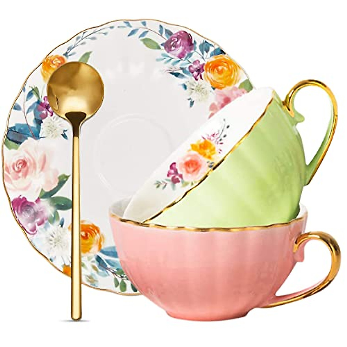 ONEUSTAR Tea Cup and Saucer Set for 2 Porcelain Enghlish Tea Cup Floral Teacups Coffee Cup Set for Mother's Day Thanksgiving in Gift Box 8 Oz