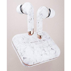 Happy Plugs Air 1 Plus – Luxury Wireless in-Ear Earbuds – Design Bluetooth Headphones with Charging Case and Built-in Microphones – Up to 40 Hours Playtime - White Marble