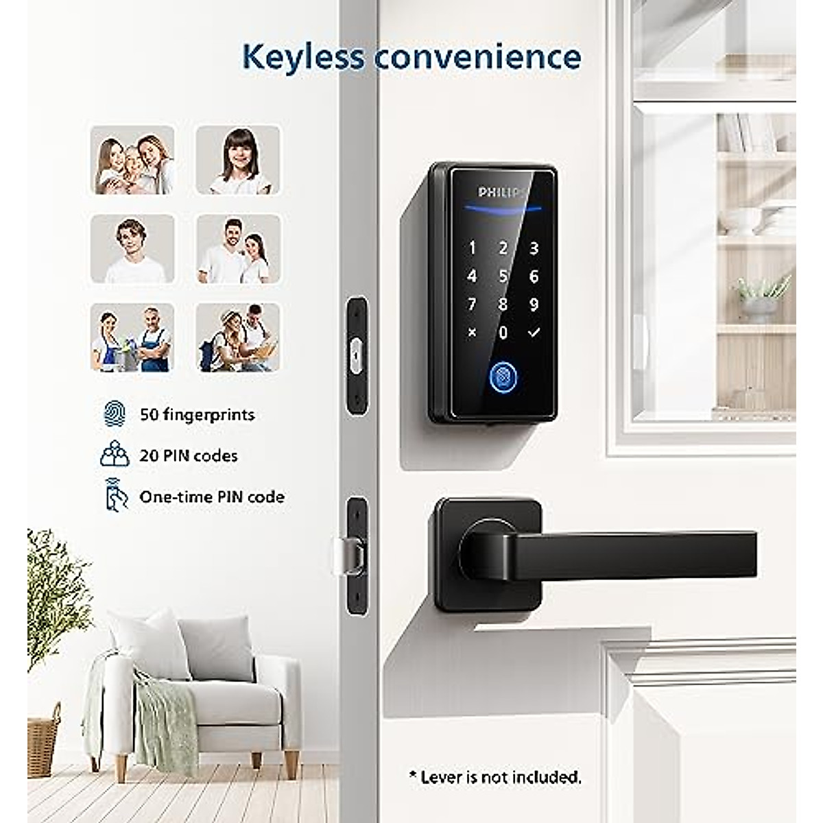 Philips Keyless Entry Door Lock with Keypad - Smart Deadbolt Lock for Front Door, Auto Lock, One-time PIN Code, Fingerprint Door Lock - Matte Black