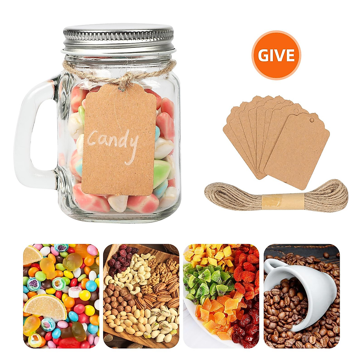 Homelike Style 4 oz Small Mason Jar Mugs with Handle, Mini Glass Jars with Airtight Metal Lids, 24 Pack Empty Glass Mugs with Kraft Paper Gift Tag for Party Wedding Favor