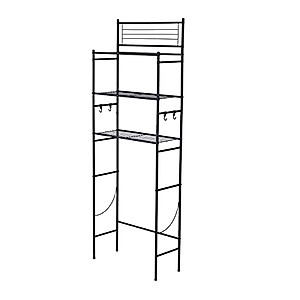 GOOITA 3-Shelf Over The Toilet Storage Bathroom Rack Space Saver Organizer Free Standing Metal Shelves with 4 Hooks, Black