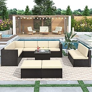 9-Piece Patio Furniture Outdoor Sectional Sofa Set Modern Contemporary Rattan Steel Weathered Coffee Table Cushion Included