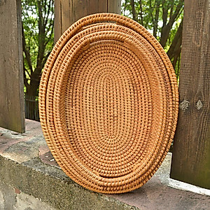 3 Pack Handmade Oval Woven Basket Tray, 15 Inch Rattan Storage Baskets with Handles and 2 Inch Raised Side, Decorative Wicker Organizer Tray for Table Serving, Bread, Fruit, Catch All Dish, S, M, L