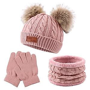 Yuoahcn 3 PCS Kids Winter Beanie Hat Round Scarf Gloves Set Thick Twist Knit Warm Toddler Winter Cap Gloves Neck Warmer for Boys Girls 1-8 Years (Deep Pink)