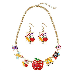 Teacher Earrings Necklace for Women Cute Back to School Apple Pencil School Bus ABC Chalkboard Owl Charms Pendant Necklace Hypoallergenic Notebook Drop Dangle School Student Earrings Jewelry Set Fun