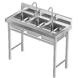 3 Compartment Sink, Stainless Steel Freestanding Utility Sink Commercial Triple Bowl Kitchen Sink with 2 Hot & Cold Faucet Kitchen Sink Station for Restaurant Bar Home Laundry Room Garage 39*18*35.8in