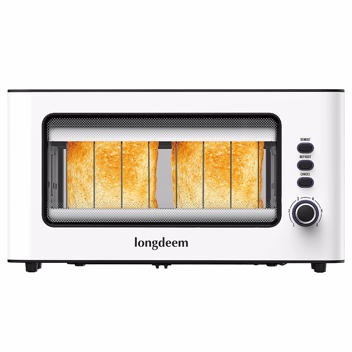 Clear View Toaster, LONGDEEM 1.75'' Extra Long Slot Glass Toasters Stainless Steel 2 Slice with 6 Browning Control for Bagel, Defrost & Auto Shut Off with Removable Crumb Tray, White