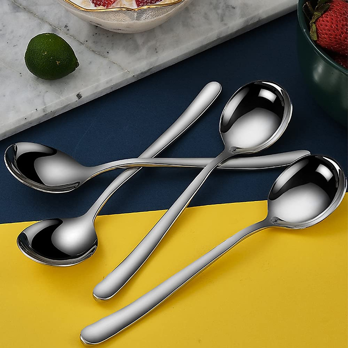 Siaiqiang Large Round Soup Spoons,4 pack Premium 18/8 Stainless Steel Korean Spoons with Long Handles,7.9''Long Tablespoon,Asian Soup Spoon Serves of coffee,desserts,salads(Silver)